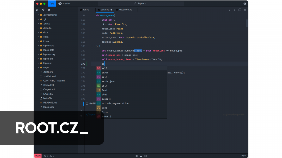 Lapce - rychlý editor v Rustu - Root.cz