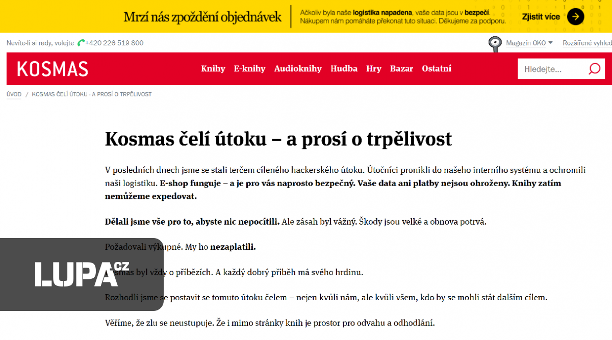 Knihkupectví Kosmas ochromil kyberútok, neodbavuje objednávky - Lupa.cz